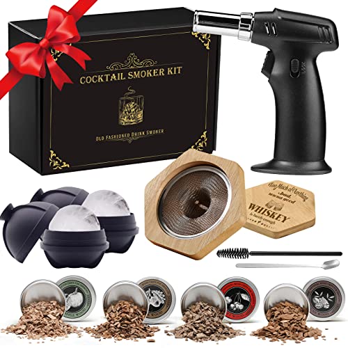 Cocktail Smoker Kit with Torch, Old Fashioned Smoker Kit for Bourbon, Wine, Whiskey Smoker Kit, Drink Smoker Infuser Kit With 4 Kinds of Wood Smoker Chips and 1 Ice Mold For Your Dad, Husband, Friends (No Butane)