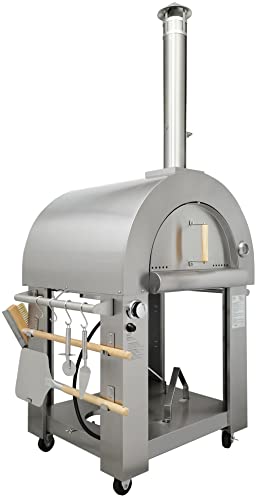 MCP-Distributions 32.5'' Outdoor Propane or Wood Fired Silver Stainless Steel Artisan Pizza Oven or Grill with Waterproof Cover, Pizza Peel