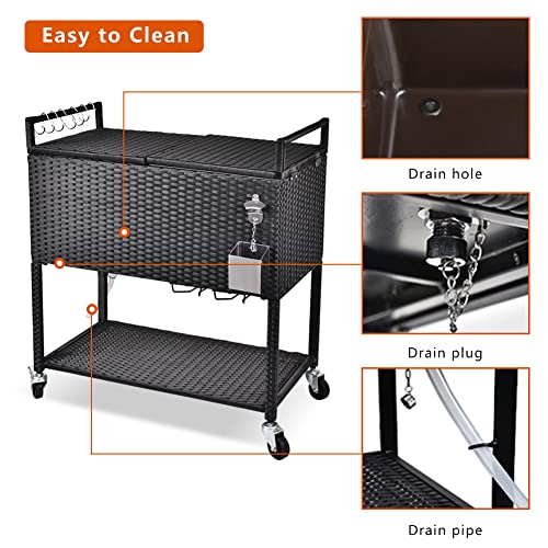 LEISU Rolling Wicker Cooler Cart Outdoors, 80 Quart Ice Chest with Bottle Opener, Portable Beverage Bar for Patio Pool Party, Rattan Cooler Trolley with Stainless Cutting Board and Waterproof Cover