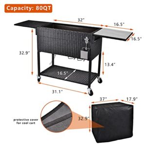 LEISU Rolling Wicker Cooler Cart Outdoors, 80 Quart Ice Chest with Bottle Opener, Portable Beverage Bar for Patio Pool Party, Rattan Cooler Trolley with Stainless Cutting Board and Waterproof Cover