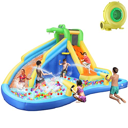 WONFUY Inflatable Water Slide, Kids Pool Slide Bounce House with Blower for Wet and Dry, Climbing, Splash Pool, Water Gun, Basketball Rim, Inflatable Water Park Backyard Waterslide Bouncy Castle