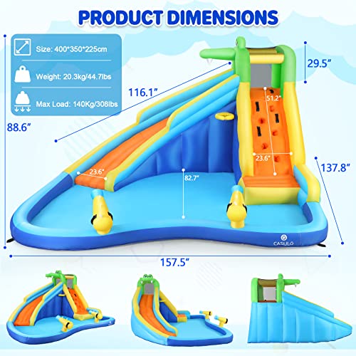 WONFUY Inflatable Water Slide, Kids Pool Slide Bounce House with Blower for Wet and Dry, Climbing, Splash Pool, Water Gun, Basketball Rim, Inflatable Water Park Backyard Waterslide Bouncy Castle