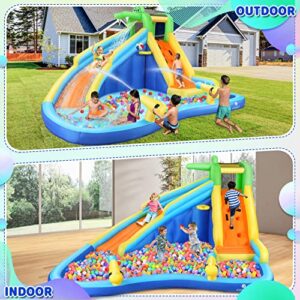 WONFUY Inflatable Water Slide, Kids Pool Slide Bounce House with Blower for Wet and Dry, Climbing, Splash Pool, Water Gun, Basketball Rim, Inflatable Water Park Backyard Waterslide Bouncy Castle