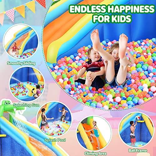 WONFUY Inflatable Water Slide, Kids Pool Slide Bounce House with Blower for Wet and Dry, Climbing, Splash Pool, Water Gun, Basketball Rim, Inflatable Water Park Backyard Waterslide Bouncy Castle