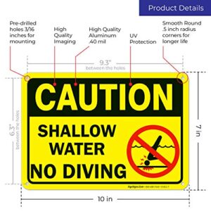 Swimming Pool Sign, Shallow Water No Diving 10x7 Inches, Rust Free .040 Aluminum, Fade Resistant, Made in USA by Sigo Signs