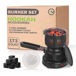 coal burner, accessories set, electric charcoal burner for coals, portable coal stove, quick heating, multiuse, 72 coconut coals and 100 foil sheets included (burner with coconut coals and foil)