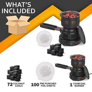 Coal Burner, Accessories Set, Electric Charcoal Burner For Coals, Portable Coal Stove, Quick Heating, Multiuse, 72 Coconut Coals and 100 Foil Sheets Included (Burner with Coconut Coals and Foil)