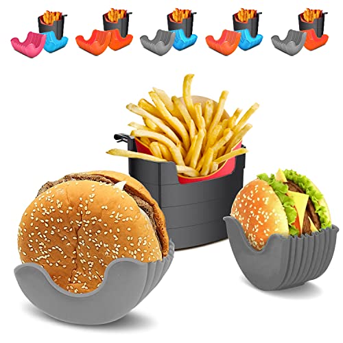 2 Burger Holder & French Fry Holder Pack - Car Essentials Pack food storage - Flexible Silicone Bowls for Holding Hamburgers - Reusable hamburger holder - Road Trip Essentials & Car Accessories