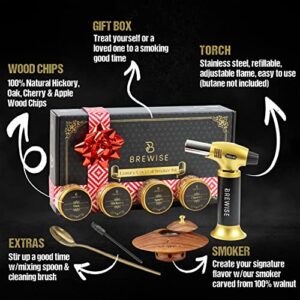 Brewise Cocktail Smoker Kit with Torch and Wood Chips, 4 Flavors - Drink Smoker Kit for Smoked Old Fashioned - Whiskey and Bourbon Smoke Infuser - Whiskey Gift For Him - (No Butane)