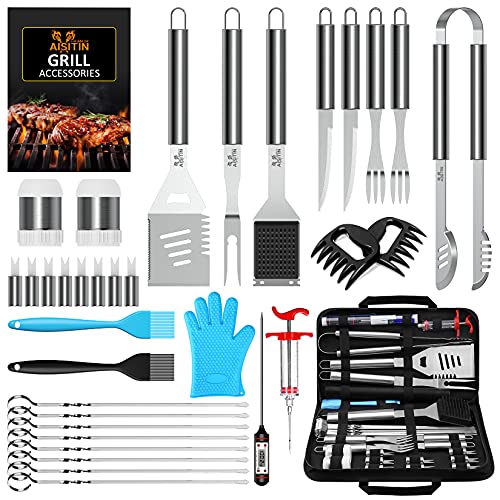 AISITIN 35PCS Grill Accessories BBQ Tools Set, Stainless Steel Grilling Kit with Thermometer, Fork, Tongs and Spatula, Meat Injector, Grill Mat - Gifts for Dad Durable, Stainless Steel Grill Tools