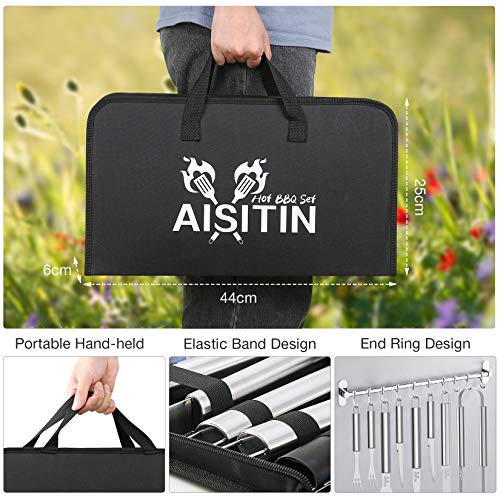 AISITIN 35PCS Grill Accessories BBQ Tools Set, Stainless Steel Grilling Kit with Thermometer, Fork, Tongs and Spatula, Meat Injector, Grill Mat - Gifts for Dad Durable, Stainless Steel Grill Tools