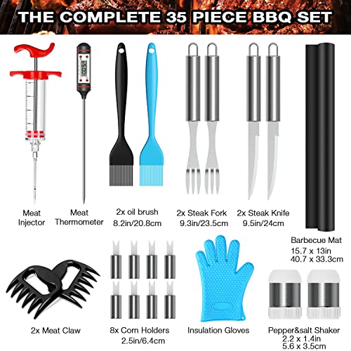 AISITIN 35PCS Grill Accessories BBQ Tools Set, Stainless Steel Grilling Kit with Thermometer, Fork, Tongs and Spatula, Meat Injector, Grill Mat - Gifts for Dad Durable, Stainless Steel Grill Tools