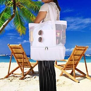 Large Mesh Beach Tote Bag with Zipper and Insulated Picnic Cooler Leak-proof for Beach Pool Outdoor Trave Gym