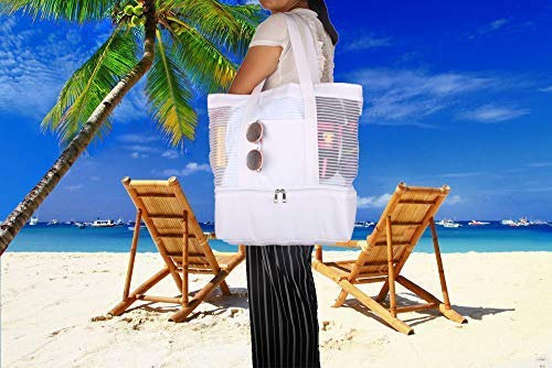 Large Mesh Beach Tote Bag with Zipper and Insulated Picnic Cooler Leak-proof for Beach Pool Outdoor Trave Gym