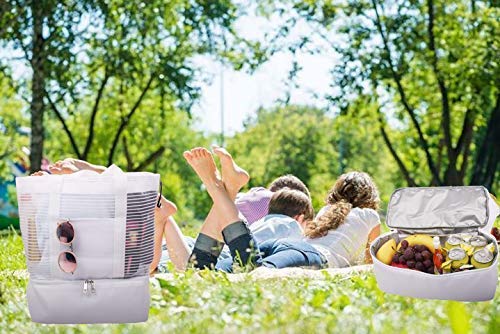 Large Mesh Beach Tote Bag with Zipper and Insulated Picnic Cooler Leak-proof for Beach Pool Outdoor Trave Gym