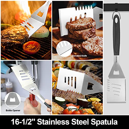 HAUSHOF Large Grilling Accessories, BBQ Grill Set, Heavy Duty Stainless Steel Barbecue Utensils with 16-1/2" Spatula, Brush, Fork, Tongs, Skewers, Thermometer, Bag, Ideal Gift, 15PCS