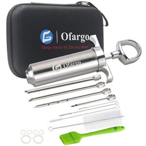 ofargo 304-stainless steel meat injector syringe with 4 marinade needles and travel case for bbq grill smoker, 2-oz large capacity, both paper user manual and e-book recipe