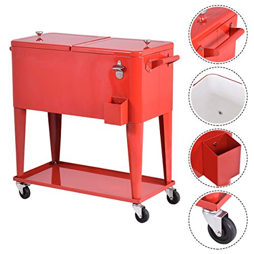 Happygrill 80 Quart Cooler, Outdoor Camping Beer Cooling Cart, Rolling Party Steel Bar Bistro Beverage Cooler Cart