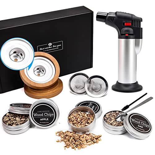 Cocktail Smoker Kit with Torch Whiskey Smoker Kit with 4 Flavors Wood Chips for Cocktails Whiskey Bourbon Cheese & Meats Gifts for Men Boyfriend Husband Dad (No Butane)