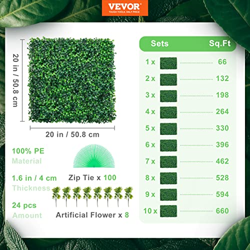 VEVOR 24PCS 20"x20" Artificial Boxwood Panels,Boxwood Hedge Wall Panels,Artificial Grass Backdrop Wall 1.6", Privacy Hedge Screen UV Protected for Outdoor Indoor Garden Fence Backyard