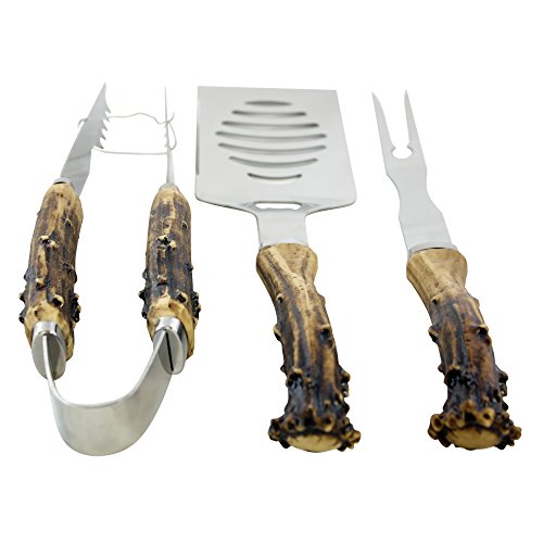 Pine Ridge Antler Handle 3 Piece Grilling Utensils Set - for Barbecue Outdoors Style Cooking, BBQ Starter Pack Tools, Smoker Accessories, Stainless Steel Metal Tongs, Fork, Spatula Utensils