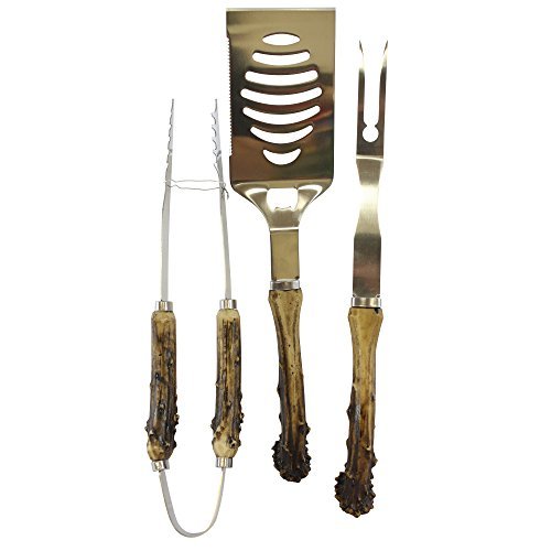 Pine Ridge Antler Handle 3 Piece Grilling Utensils Set - for Barbecue Outdoors Style Cooking, BBQ Starter Pack Tools, Smoker Accessories, Stainless Steel Metal Tongs, Fork, Spatula Utensils