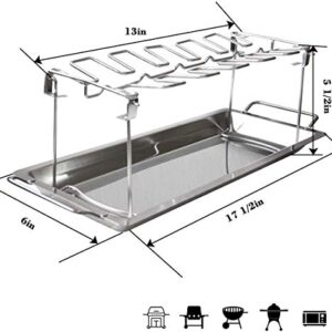 FIRELOOP Chicken Wing Leg Rack BBQ Chicken Drumsticks Rack Stainless Steel Hang Up to 12 Chicken Legs or Wings, Metal Roaster Stand with Drip Tray for Kamado Joe Big Green Egg, Smoker Grill or Oven