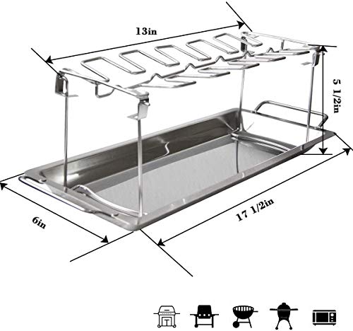 FIRELOOP Chicken Wing Leg Rack BBQ Chicken Drumsticks Rack Stainless Steel Hang Up to 12 Chicken Legs or Wings, Metal Roaster Stand with Drip Tray for Kamado Joe Big Green Egg, Smoker Grill or Oven