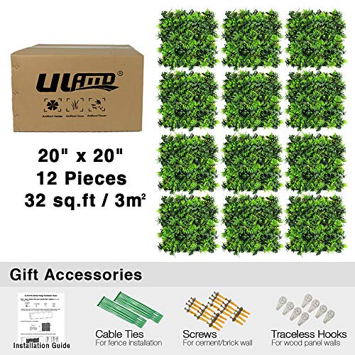 ULAND Artificial Topiary Hedges Panels, Plastic Faux Shrubs Fence Mat, Greenery Wall Backdrop Decor, Garden Privacy Screen Fence, Pack of 12pcs 20"x20"