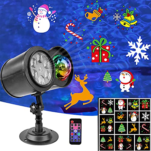 Christmas Projector Lights, Updated No Slide 2-in-1 Ocean Wave Projector Light with 14 Moving Christmas Patterns Waterproof Indoor Outdoor Landscape Lighting for Xmas Holiday Decor