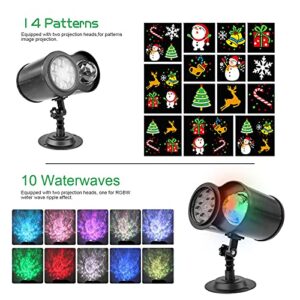 Christmas Projector Lights, Updated No Slide 2-in-1 Ocean Wave Projector Light with 14 Moving Christmas Patterns Waterproof Indoor Outdoor Landscape Lighting for Xmas Holiday Decor