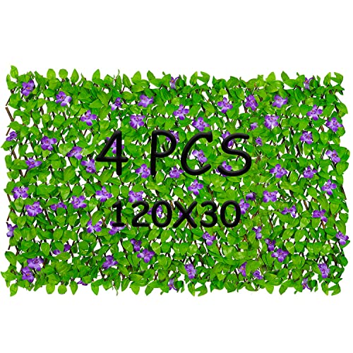 Betterhood Expandable Fence Privacy Screen, 4 Pack Decorative Faux Ivy Greenery Fencing Panel for Balcony Patio Outdoor, Artificial Hedges Screen, Purple Flower (Single Sided Leaves)