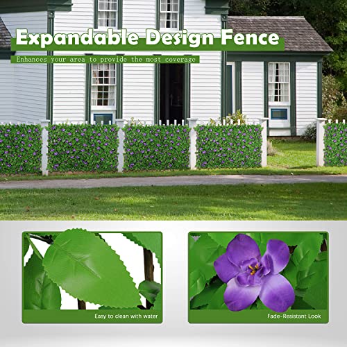 Betterhood Expandable Fence Privacy Screen, 4 Pack Decorative Faux Ivy Greenery Fencing Panel for Balcony Patio Outdoor, Artificial Hedges Screen, Purple Flower (Single Sided Leaves)