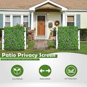 Betterhood Expandable Fence Privacy Screen, 4 Pack Decorative Faux Ivy Greenery Fencing Panel for Balcony Patio Outdoor, Artificial Hedges Screen, Purple Flower (Single Sided Leaves)