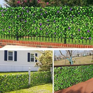 Betterhood Expandable Fence Privacy Screen, 4 Pack Decorative Faux Ivy Greenery Fencing Panel for Balcony Patio Outdoor, Artificial Hedges Screen, Purple Flower (Single Sided Leaves)