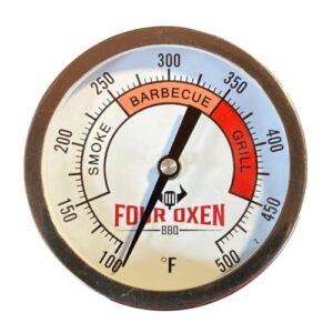 four oxen bbq grill thermometer, 3-inch aluminum zoned dial, 4-inch stem, 100/500 degrees f temperature gauge for barbecue pits, smokers, and cookers