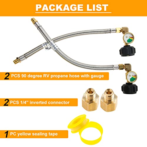 Hicello 1/4" RV Propane Hose with Gauge, Five-piece Set of Propane Hoses Including 2PCS 12" Stainless Steel Braided Hose, 1/4" Inverted Connector, QCC1 Connector and Seal Tape for Camper BBQ Gas Grill