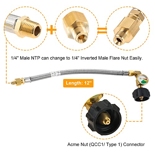 Hicello 1/4" RV Propane Hose with Gauge, Five-piece Set of Propane Hoses Including 2PCS 12" Stainless Steel Braided Hose, 1/4" Inverted Connector, QCC1 Connector and Seal Tape for Camper BBQ Gas Grill