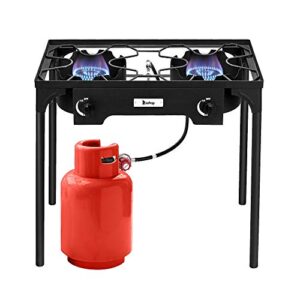 henf outdoor camp stove high pressure propane gas cooker portable cast iron patio cooking burner perfect for camping patio(double burner 150000-btu)