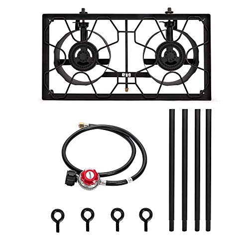 Henf Outdoor Camp Stove High Pressure Propane Gas Cooker Portable Cast Iron Patio Cooking Burner perfect for Camping Patio(Double Burner 150000-BTU)