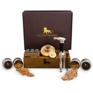 belmont reserve cocktail smoker kit – old fashioned smoke kit w/unique flavors of oak, pecan, apple & cherry wood chips, whiskey stones, torch, filters, brush & other smoke accessories w/wooden box