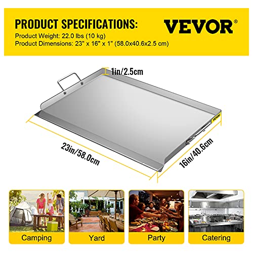 VEVOR Stainless Steel Griddle, 23" x 16" Griddle Flat Top Plate, Griddle for BBQ Charcoal/Gas Gril with 2 Handles, Rectangular Flat Top Grill with Extra Drain Hole for Tailgating and Parties.