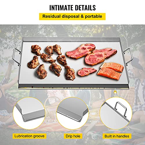 VEVOR Stainless Steel Griddle, 23" x 16" Griddle Flat Top Plate, Griddle for BBQ Charcoal/Gas Gril with 2 Handles, Rectangular Flat Top Grill with Extra Drain Hole for Tailgating and Parties.