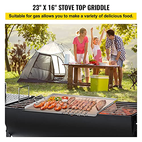 VEVOR Stainless Steel Griddle, 23" x 16" Griddle Flat Top Plate, Griddle for BBQ Charcoal/Gas Gril with 2 Handles, Rectangular Flat Top Grill with Extra Drain Hole for Tailgating and Parties.