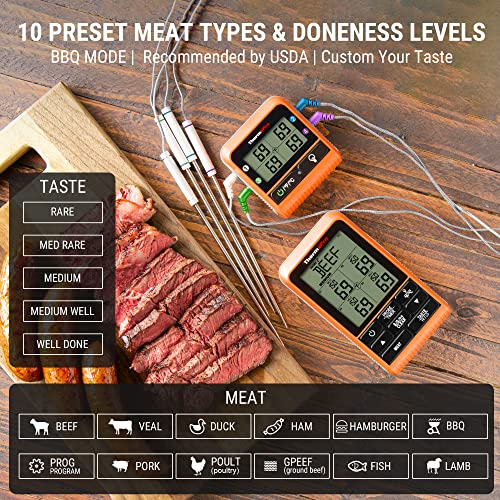 ThermoPro TP829 Wireless Meat Thermometer for Grilling and Smoking, 1000FT Grill Thermometer for Outside Grill with 4 Meat Probes, BBQ Thermometer for Smoker Oven Cooking Beef Turkey