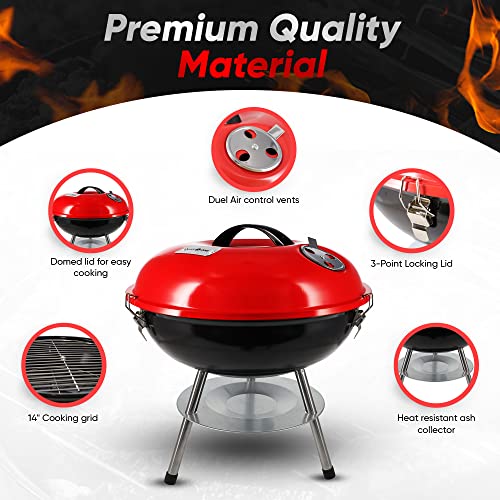 Gas One Charcoal Grill – 14-inch Portable – Barbecue Grill with 3-Point Locking Lid for Heat Preservation – Dual Venting System – Small Charcoal Grill for Backyard, Camping, Boat