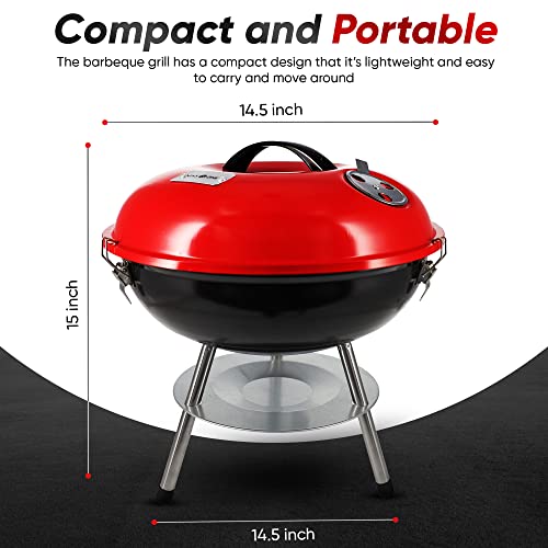 Gas One Charcoal Grill – 14-inch Portable – Barbecue Grill with 3-Point Locking Lid for Heat Preservation – Dual Venting System – Small Charcoal Grill for Backyard, Camping, Boat