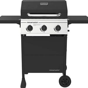 Megamaster 3-Burner Propane Gas Grill with 2 Foldable Side Tables, 30000 BTUs, Perfect for Camping, Outdoor Cooking, Patio and Garden Barbecue Grill, Silver and Black, 720-0988EA