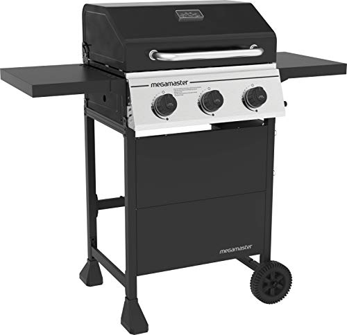 Megamaster 3-Burner Propane Gas Grill with 2 Foldable Side Tables, 30000 BTUs, Perfect for Camping, Outdoor Cooking, Patio and Garden Barbecue Grill, Silver and Black, 720-0988EA