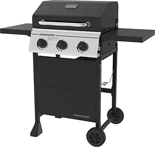 Megamaster 3-Burner Propane Gas Grill with 2 Foldable Side Tables, 30000 BTUs, Perfect for Camping, Outdoor Cooking, Patio and Garden Barbecue Grill, Silver and Black, 720-0988EA